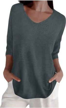 Generic 2026 Nouveau printemps d&eacute;contract&eacute; manches 3/4 couleur unie col en V pull ample tricot automne pulls tops, gris, XXL