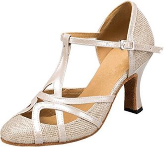 MGM-Joymod Damen T-Starp Geschlossene Zehenpartie Glitzer Synthetik Abend Hochzeit Tango Ballsaal Modern Latin Tanzschuhe, Champagnerfarbener Absatz 8 cm,40.5 EU