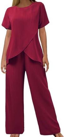 Generic Ensemble deux pi&egrave;ces pour femme - Col rond - Chemise crois&eacute;e - Pantalon large - Tenue d&eacute;t&eacute; - Vacances essentielles, bordeaux, XL
