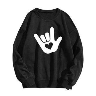 Generic Sweat-shirt &agrave; capuche &agrave; manches longues et col rond imprim&eacute; &laquo; I You Geste &raquo; pour femmes de la Saint-Valentin 2026, Noir, XXL