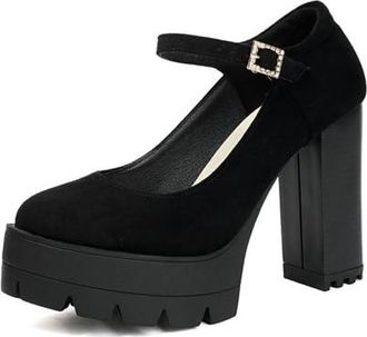 Generic Mary Jane Escarpins &agrave; plateforme &agrave; bout bas et bout rond avec boucle de cheville pour femme, Noir, 40.5 EU