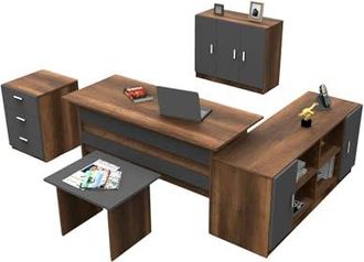 Dmora Set da ufficio Delta, Composizione da Studio, Kit ufficio, Set scrivania e cassettiera, Noce e Antracite