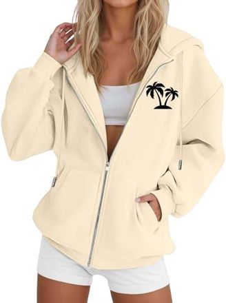 Generic 2026 Vestes &agrave; capuche &agrave; fermeture &eacute;clair pour femmes et adolescentes avec capuche enti&egrave;rement zipp&eacute;e, pull &agrave; manches longues et poches, beige, XXL