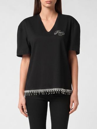 Philipp Plein T-shirt en coton &agrave; col en V avec logo en strass et ourlet frang&eacute;