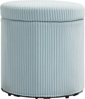 HOMCOM Pouf de rangement rond tapiss&eacute; en velours c&ocirc;tel&eacute; avec couvercle amovible pour couloir, chambre, salon Bleu clair &Oslash;40 x 41 cm