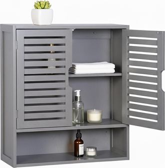 Relaxdays H&auml;ngeschrank Bad, 3 F&auml;cher, HBT: 66 x 59 x 21 cm, Lamellent&uuml;ren, Magnetverschluss, schmaler Wandschrank, grau