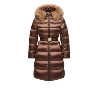Moncler Moncler Leersies Shearling Trimmed Hooded Long Down Coat, Women, Brown, Size: 00