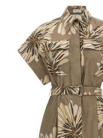 Brunello Cucinelli Floral-Print Cotton Poplin Dress - Sage