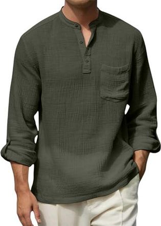 Generic Chemise d&eacute;contract&eacute;e en coton et lin &agrave; manches longues boutonn&eacute;e pour homme - Chemise Henley l&eacute;g&egrave;re &agrave; manches longues - Col boutonn&eacute; - Uni - Pour homm