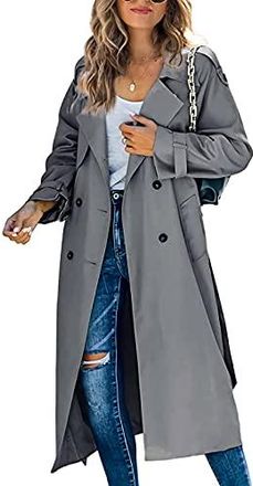 Minetom Trench-Coat Long pour Femme Trench Couleur Unie avec Ceinture Léger à Double Boutonnage Coupe-Vent Printemps Automne Manteau B Gris S