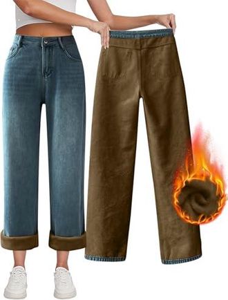 Onsoyours Pantalon Chaud Femme Jean dhiver Doubl&eacute; en Polaire Taille Haute Coupe Droite Straight Baggy Jeans Thermique Denim Pantalon A Bleu XL