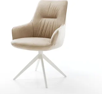 DELIFE Drehstuhl Zelia-Flex mit Armlehnen Mikrofaser Beige Vintage Kreuzgestell breit Wei&szlig; 360&deg; drehbar Wippfunktion Taschenfederkern, Esszimmerst&uuml;hle