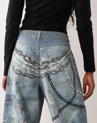 AFRM Walker Hose mit Printdetail, hoher Bund, Five-Detail, Barrel-Leg, in mittlerer blauer Waschung-Schwarz