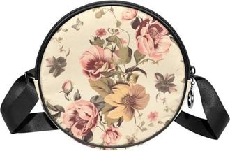 Generic Sac &agrave; bandouli&egrave;re rond pour femme, sac &agrave; bandouli&egrave;re classique vintage &agrave; motif floral avec fermeture &eacute;clair, bretelles r&eacute;glables, sac &agrave; main rond d&eacute;co