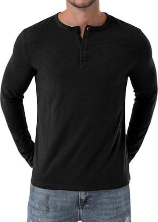 PARKLEES Chemise Henley d&eacute;contract&eacute;e &agrave; manches longues pour homme Coupe ajust&eacute;e, Noir, M