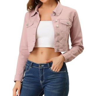 Allegra K Femmes Veste court en Jean Blouson en Denim Classique Boutonn&eacute;e &agrave; Manches Longues Rose M