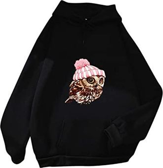 Generic Sweat &agrave; capuche mignon &agrave; manches longues pour femme, imprim&eacute; hibou, imprim&eacute; animal, haut pour adolescentes, v&ecirc;tements esth&eacute;tiques, Noir, XXL
