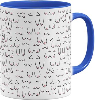 OM3 witzige Boobies Doodle Kaffeetasse mit Brüsten - Titten Tasse Brüste-Muster II - Keramik Becher - 11oz 325ml - Rundumdruck - Blau