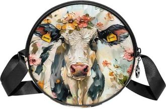 Generic Sac &agrave; bandouli&egrave;re rond pour femme, motif vache et tournesol avec fermeture &eacute;clair et bretelles r&eacute;glables