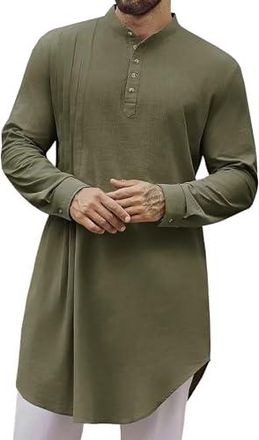 Generic Chemise en coton et lin pour homme, chemises &agrave; manches longues, coupe ample, robe de chambre musulmane, Thobe couleur unie, chemise Henley fendue sur 