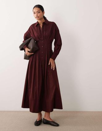 Asos robe chemise longue en popeline avec taille cintr&eacute;e en bordeaux-Orange