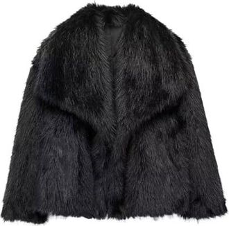 Generic 2026 Vestes dhiver pour femmes Faux manteau &agrave; manches longues Revers Shaggy Veste pardessus, Noir, XS