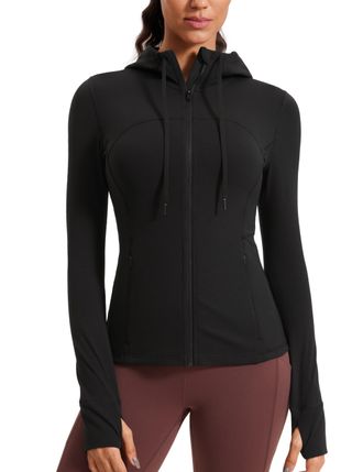CRZ YOGA Damen Butterluxe Voll Rei&szlig;verschluss Running Jacke Zip Tasche Sport Gym Hoodie Mesh Hoody Sweatjacke mit Daumenloch Schwarz 34