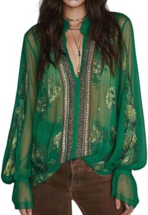 Generic Haut d&eacute;contract&eacute; boh&egrave;me vintage imprim&eacute; floral pour femme d&eacute;contract&eacute; ample &agrave; manches longues T-shirt transparent, col en V imprim&eacute; &agrave; manches longues,