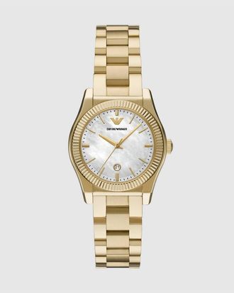 Emporio Armani Damenuhr aus goldfarbenem Edelstahl mit drei Zeigern und Datumsanzeige, AR11793
