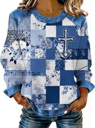 Generic Sweat-shirt &agrave; col rond d&eacute;contract&eacute; &agrave; manches longues confortable &agrave; manches longues pour femme - Haut de sport - Chemises dentra&icirc;nement, bleu, 3XL