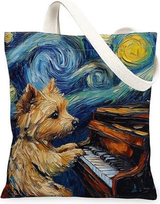 Generic Cairn Terrier Sac fourre-tout en toile r&eacute;utilisable pour faire du shopping Motif piano &eacute;toil&eacute; 33 x 38 cm