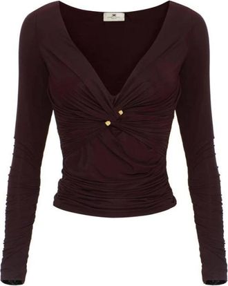 Elisabetta Franchi Femme, Blouses et Chemises, Brun, Taille: 42 FR Top en jersey avec d&eacute;tail bijou