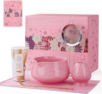 Zens Matcha Kit Rose, 6 pi&egrave;ces matcha set ensemble pour pr&eacute;parer un latte avec Fouet Matcha et bol, cuill&egrave;re, tamis 304 et tapis &agrave; th&eacute; pour matcha c&eacute;r&eacute;moni