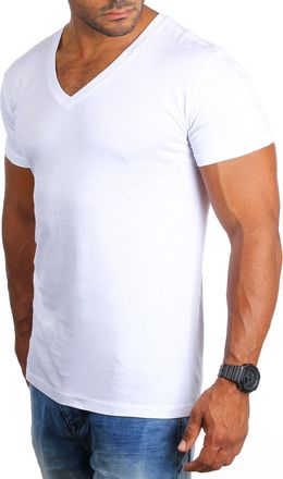 Young & Rich Herren Uni Basic Kurzarm T-Shirt mit tiefem V-Ausschnitt deep V-Neck einfarbig Slimfit 1875, Grösse:3XL, Farbe:Weiß