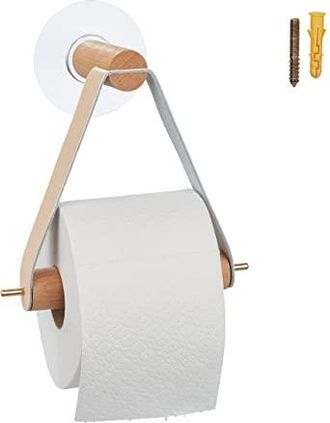 Relaxdays Toilettenpapierhalter aus Holz, für Bad, Wand, Band, klebend, Klorollenhalter HxBxT: 18x18x8 cm, modern, Natur