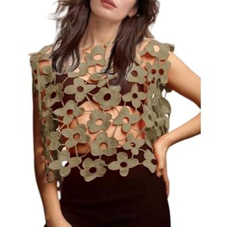 Generic Haut court en dentelle florale ajourée pour femme, gilet sans manches à col rond, haut de sortie Y2K, gilet au crochet 2025, kaki foncé, taille unique