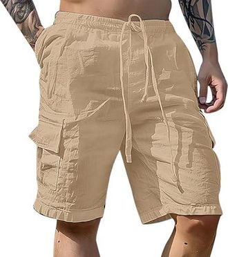 Generic Short dentra&icirc;nement d&eacute;contract&eacute; et tendance en coton et lin de couleur unie pour homme, coupe droite, kaki, XXL