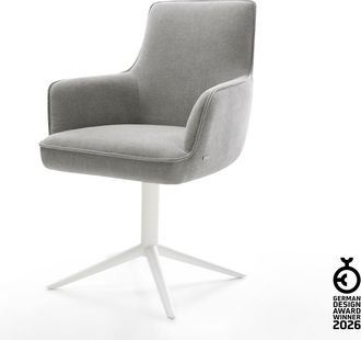 DELIFE Drehstuhl Heira-Flex mit Armlehnen Strukturstoff Soft Grau Fu&szlig;kreuz Wei&szlig; 360&deg; drehbar Wippfunktion Taschenfederkern, Esszimmerst&uuml;hle