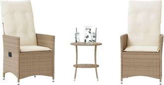 Festnight JHQHSM 3-TLG. Bistro-Set mit Kissen Beige Poly Rattan, Gartenm&ouml;bel mit Verstellbarer R&uuml;ckenlehne und waschbaren Bez&uuml;gen, wetterbest&auml;ndige PE-Rattan Si