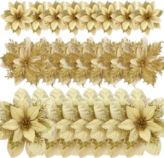 Green Time 24 Stück Glitzer-Weihnachtssterne Goldene Kunstblumen Weihnachten mit Clips Stielen Weihnachtsbaumschmuck für Hochzeitsfeier Kranzdekoration