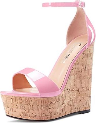 Castamere Femmes Haut High Compensé Plate-forme Talon Heel Ouvert Bout Lanières Cheville Sandales Mariage Party Dress 15 CM Heels Rose 38 EU