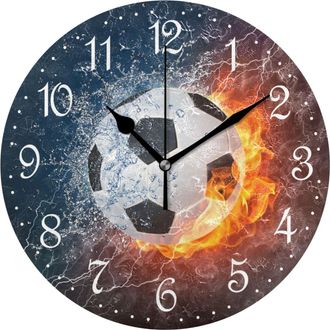 Mnsruu Wanduhr, Fu&szlig;ball, Feuer, leise, nicht tickend, dekorative Wanduhren, batteriebetrieben, 25 x 25 cm, f&uuml;r Kinderzimmer, Jungenzimmer, Schlafzimmer