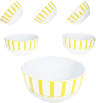 MamboCat Split gelb 6er Set Müslischale 14cm I 400ml I weiße Porzellan-Schüssel mit Streifen für 6 Personen I Schälchen für Salat, Suppe, Müsli, Chips & Co