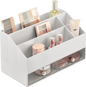 mDesign Kosmetik Organizer - Aufbewahrungsbox mit 5 Fächern und 2 Schubladen für Make-up, Nagellack und Beautyprodukte - die ideale Schminkaufbewahrung - hell