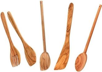 Fackelmann 9902050 Ensemble ustensiles de cuisine en bois dolivier, 4 pi&egrave;ces, couverts &agrave; salade, cuill&egrave;res, spatule, Bois dolivier, 30 cm