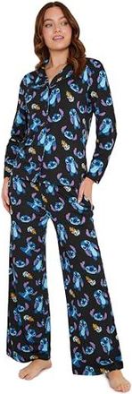 Disney Stitch Pyjama Femme Ensemble 2 Pièces avec Chemise à Boutons et Pantalon Long, Pyjama Hiver Chaud Confortable (2XL, Noir Stitch)