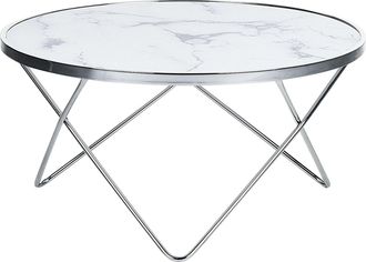 Beliani Beistelltisch Glas Marmor-Optik wei&szlig; Metallgestell Silber rund 80 cm Meridian II
