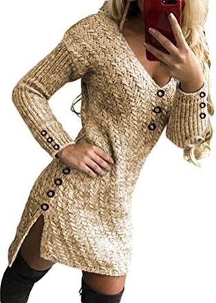Onsoyours Robe Tricotée Femme Élégante Manches Longues Pull À Col en V Tunique Robe Tops Décontractée Chaude Mini Robe avec Fente B Kaki XL
