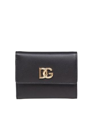Dolce & Gabbana Portemonnaie - Black Leather Wallet With Metal Dg Logo - Gr. unisize - in Schwarz - f&uuml;r Damen