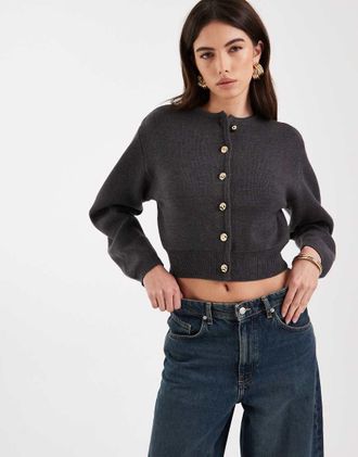 River Island Strickjacke in Grau mit strukturierten &Auml;rmeln